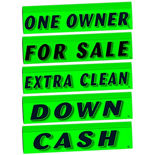 Versa Tags Windshield Slogan Stickers 12 Pack Each of ONE Owner, for Sale, Extra Clean, Down, Cash (60) Window Stickers Total Dealership Stickers Black On Green