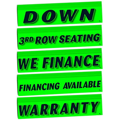 Versa Tags Windshield Slogan Stickers 12 Pack Each of Down, 3RD Row Seating, WE Finance, FINANCING Available, Warranty (60) Window Stickers Total Dealership Stickers Black On Green