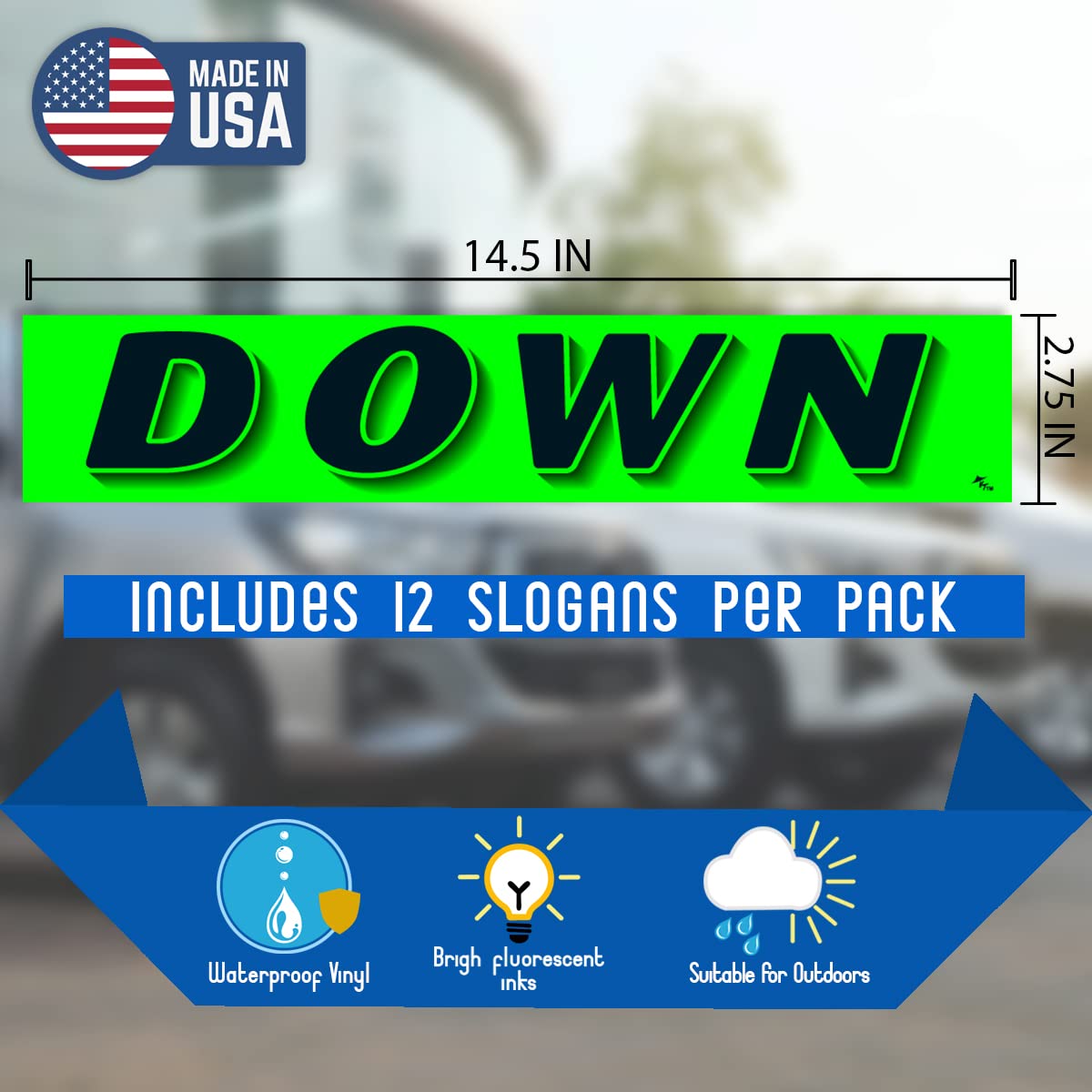 Versa Tags Windshield Slogan Stickers 12 Pack Each of Down, 4X4, 3RD Row Seating, WE Finance, FINANCING Available (60) Window Stickers Total Dealership Stickers Black On Green