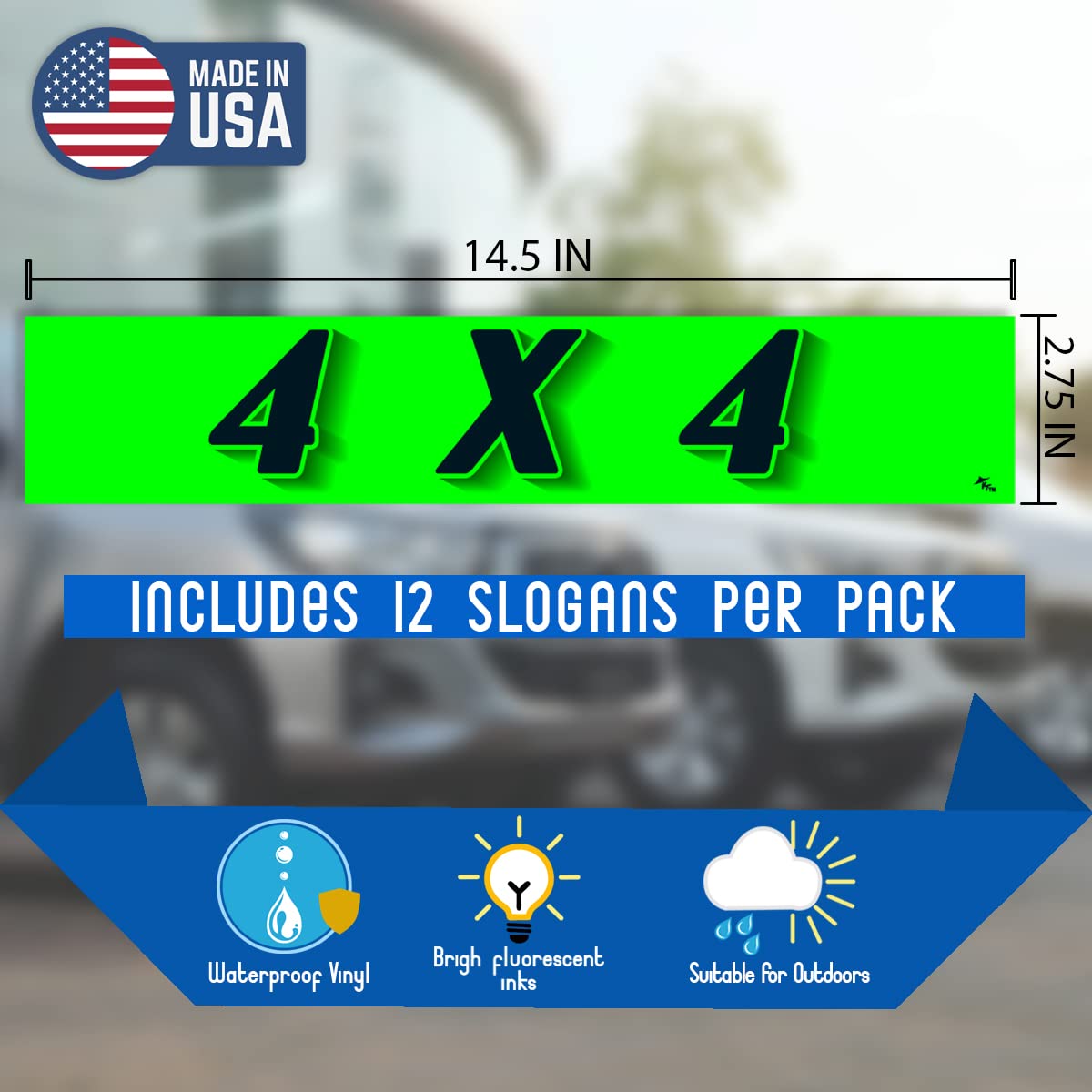 Versa Tags Windshield Slogan Stickers 12 Pack Each of Down, 4X4, 3RD Row Seating, WE Finance, FINANCING Available (60) Window Stickers Total Dealership Stickers Black On Green