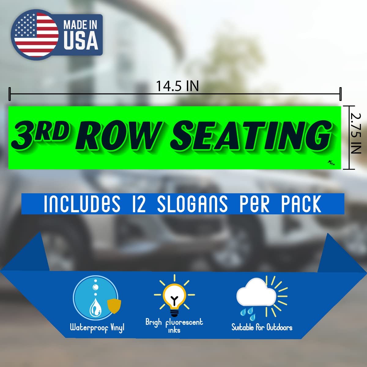 Versa Tags Windshield Slogan Stickers 12 Pack Each of Down, 4X4, 3RD Row Seating, WE Finance, FINANCING Available (60) Window Stickers Total Dealership Stickers Black On Green