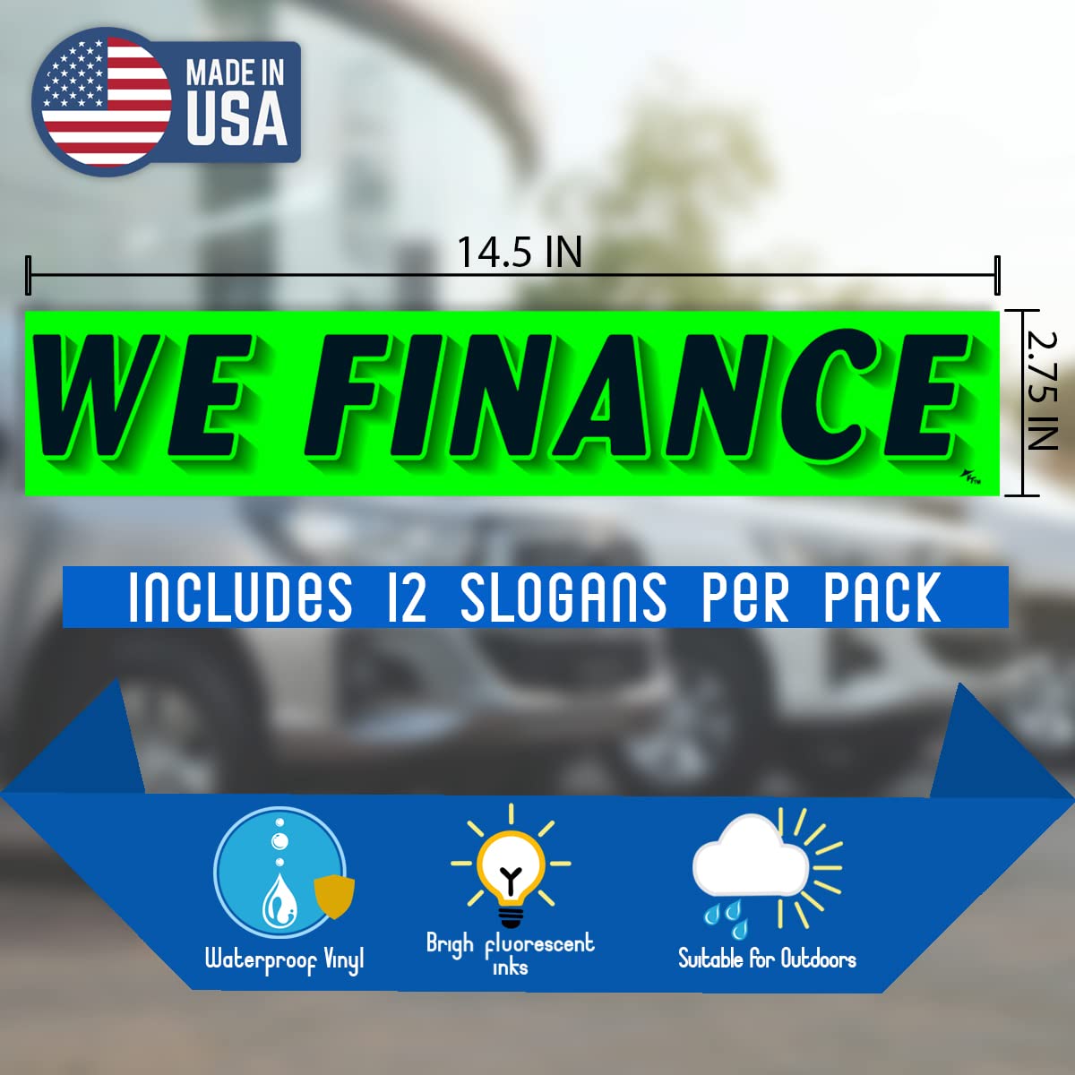 Versa Tags Windshield Slogan Stickers 12 Pack Each of Down, 4X4, 3RD Row Seating, WE Finance, FINANCING Available (60) Window Stickers Total Dealership Stickers Black On Green