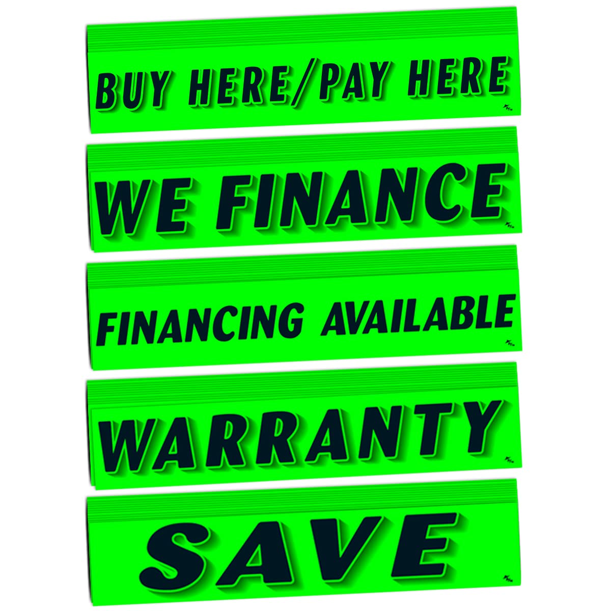 Versa Tags Windshield Slogan Stickers 12 Pack Each of Buy HERE Pay HERE, WE Finance, FINANCING Available, Warranty, Save (60) Window Stickers Total Dealership Stickers Black On Green