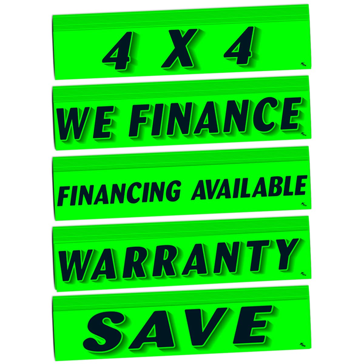 Versa Tags Windshield Slogan Stickers 12 Pack Each of 4X4, WE Finance, FINANCING Available, Warranty, Save (60) Window Stickers Total Dealership Stickers Black On Green