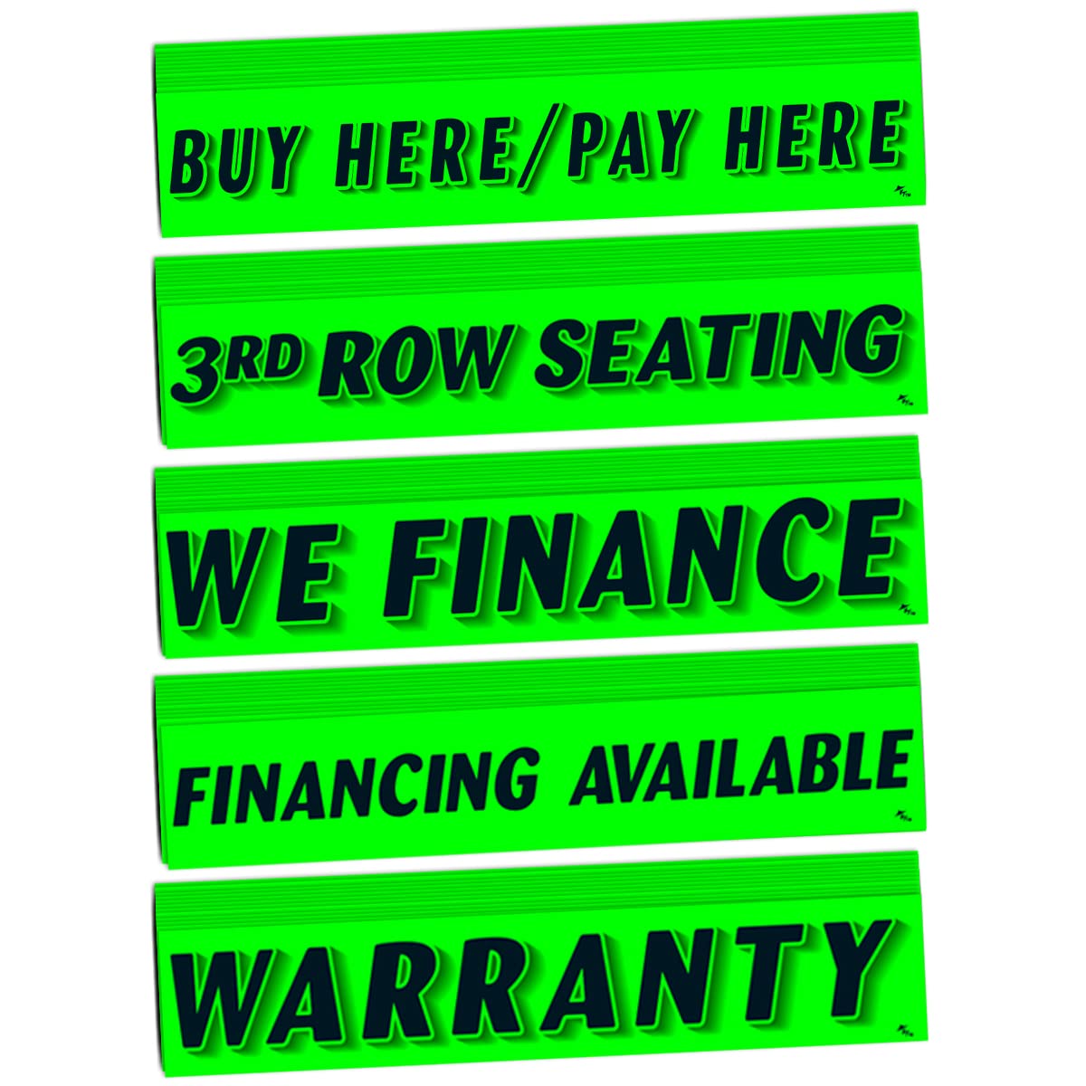 Versa Tags Windshield Slogan Stickers 12 Pack Each of Buy HERE Pay HERE, 3RD Row Seating, WE Finance, FINANCING Available, Warranty (60) Window Stickers Total Dealership Stickers Black On Green