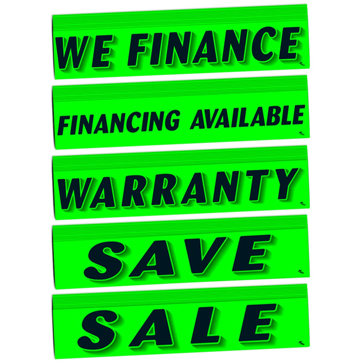 Versa Tags Windshield Slogan Stickers 12 Pack Each of WE Finance, FINANCING Available, Warranty, Save, Sale (60) Window Stickers Total Dealership Stickers Black On Green