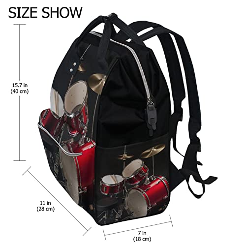 Junior Drum Kit Set in Dark Background Diaper Bag Large Multi-Function Waterproof Travel Bag, Durable Nappy Bag Zipper Casual School Backpack for Mom Dad