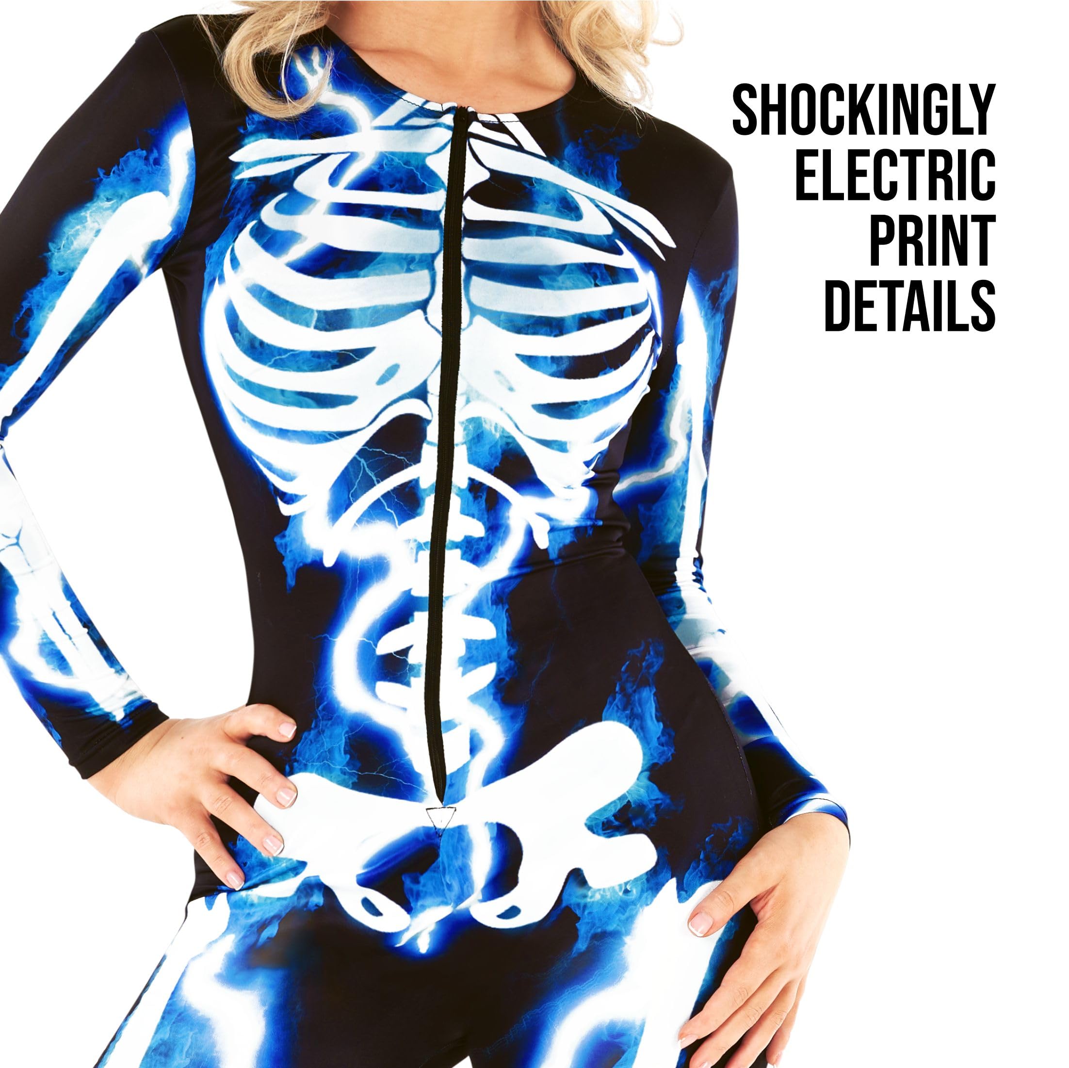 Morph Electric Skeleton Bodysuit for Women, Halloween Costume, Spooky Outfit, Medium