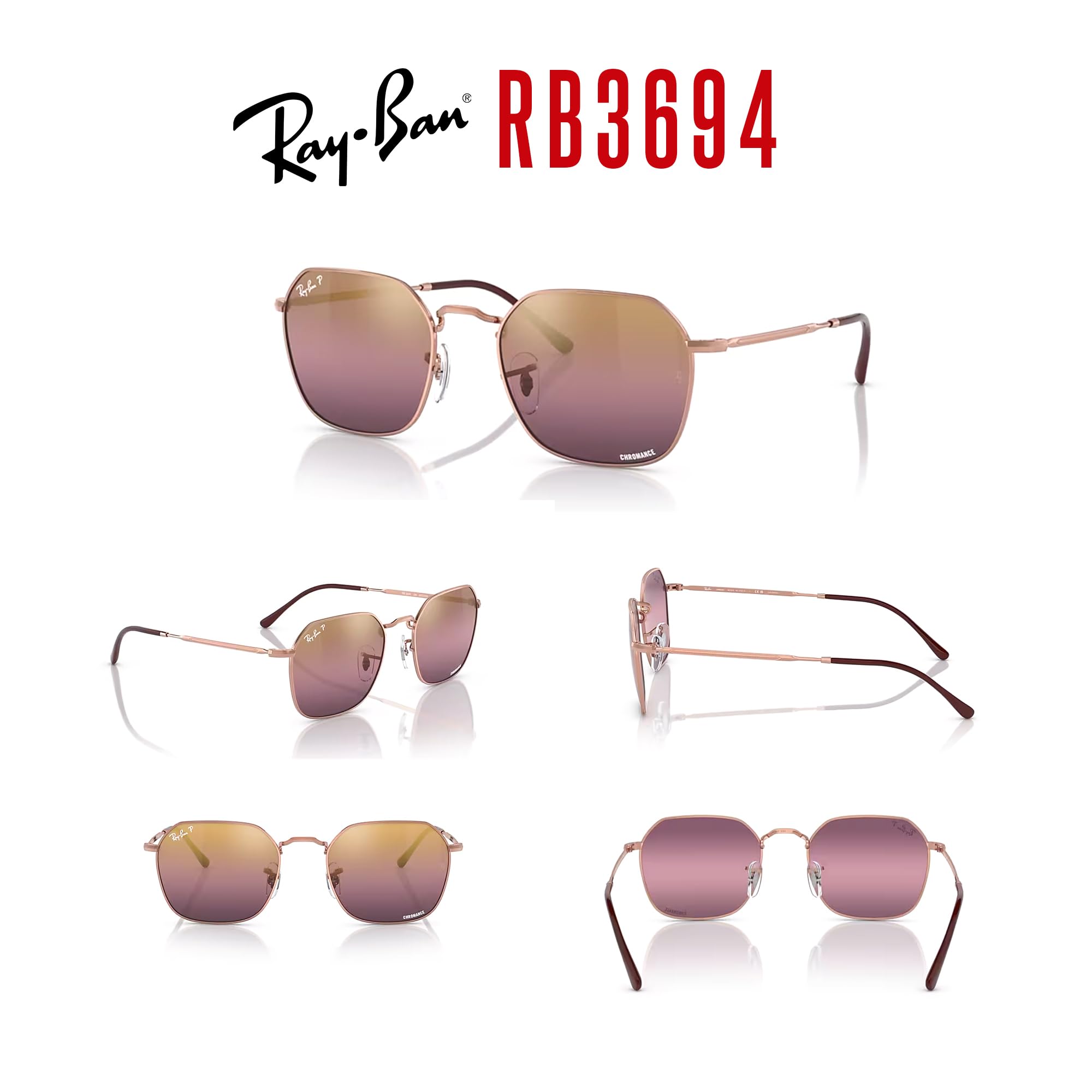 Ray-Ban RB3694 Jim 9202g9 53mm rose gold/red mirror polarized Chromance metal hexagon sunglasses for men for women + Bundle with designer iwear kit