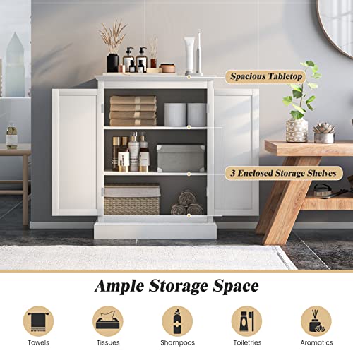 Tangkula Bathroom Storage Cabinet, Freestanding Floor Cabinet with Double Doors and 2 Adjustable Shelves, Anti-toppling Device, Modern Wood Storage for Bathroom Living Room Entryway (White)