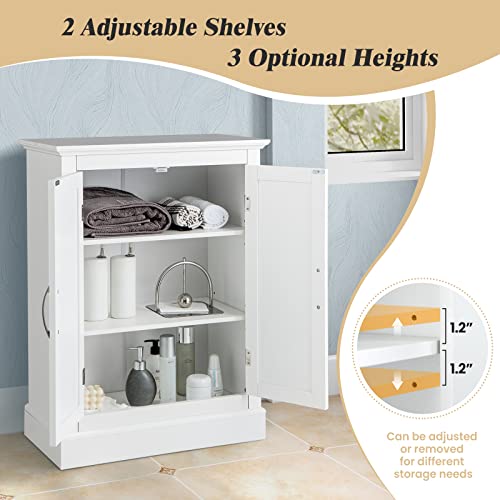 Tangkula Bathroom Storage Cabinet, Freestanding Floor Cabinet with Double Doors and 2 Adjustable Shelves, Anti-toppling Device, Modern Wood Storage for Bathroom Living Room Entryway (White)