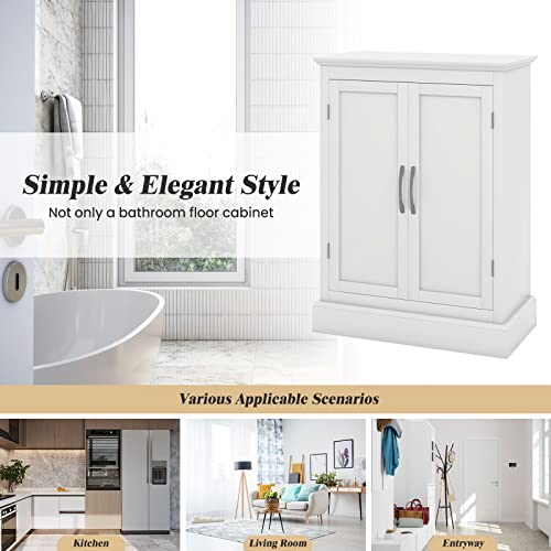 Tangkula Bathroom Storage Cabinet, Freestanding Floor Cabinet with Double Doors and 2 Adjustable Shelves, Anti-toppling Device, Modern Wood Storage for Bathroom Living Room Entryway (White)