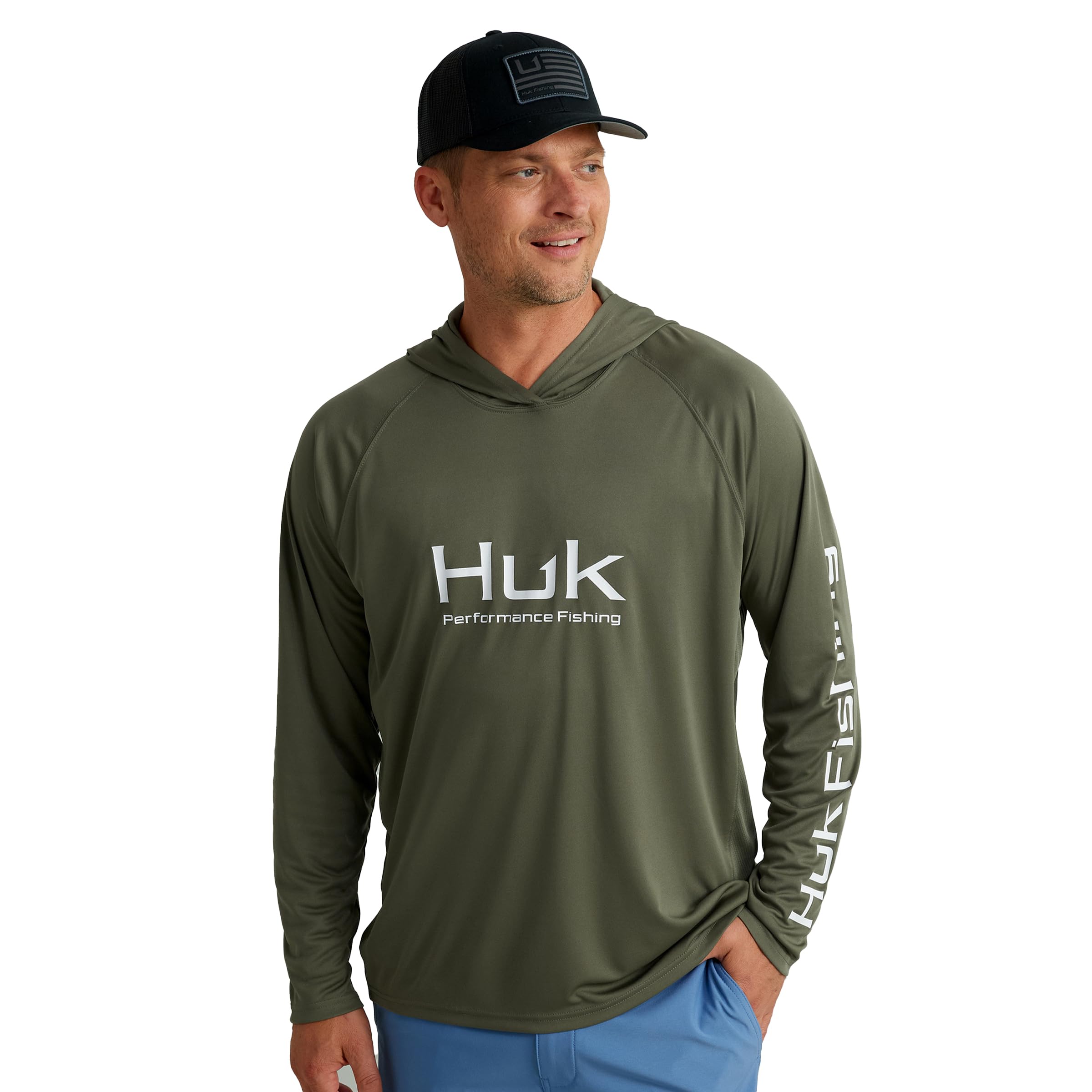 HUK Men's Standard Pursuit Vented Long Sleeve Hoodie, Fishing Shirt with Hood, Moss, Large