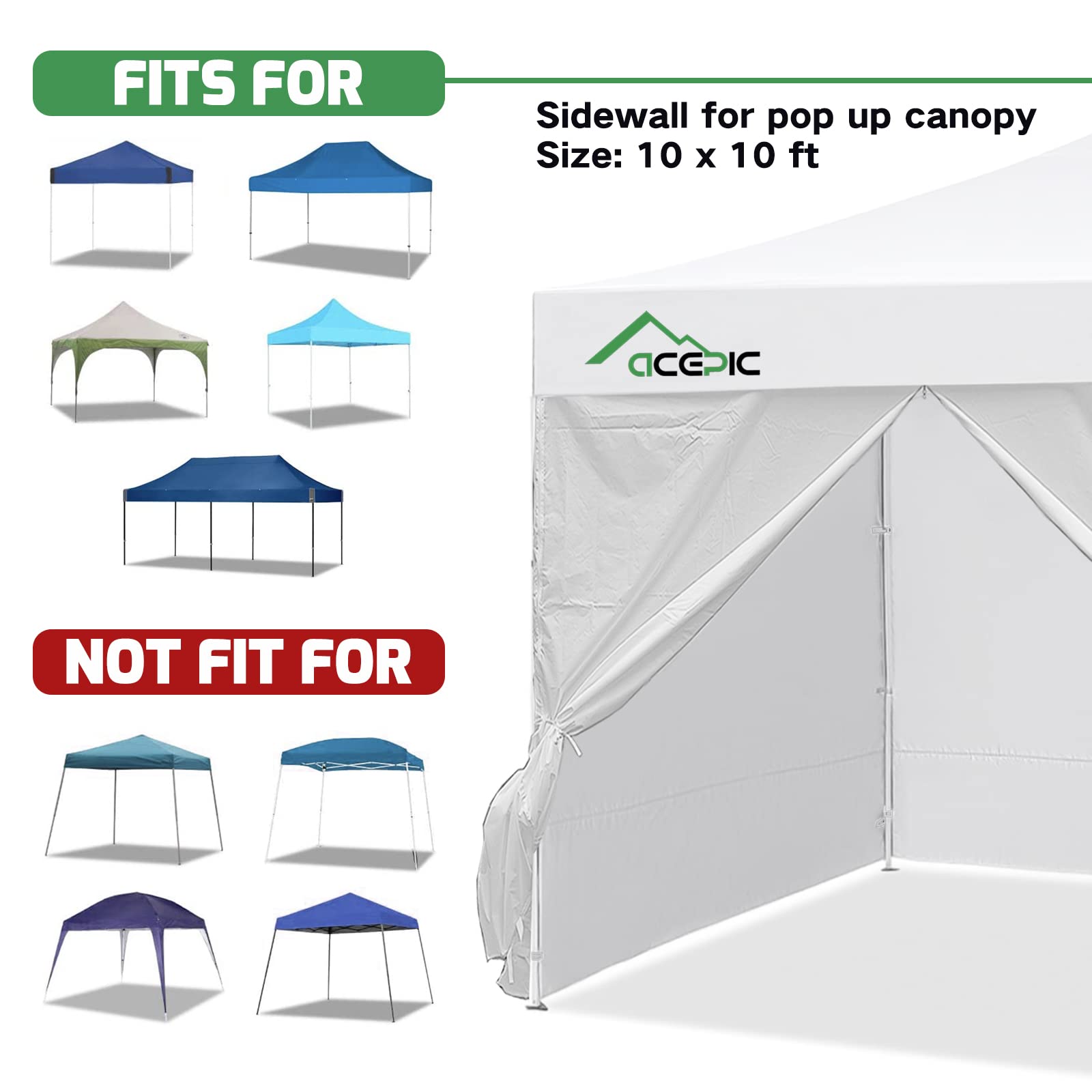Acepic Instant Canopy Tent Sidewalls for 10x10 Pop Up Canopy 210D Waterproof,4 Piece Sidewalls, with Doors,White(4PCS Sidewalls Only, Canopy Tent NOT Included)