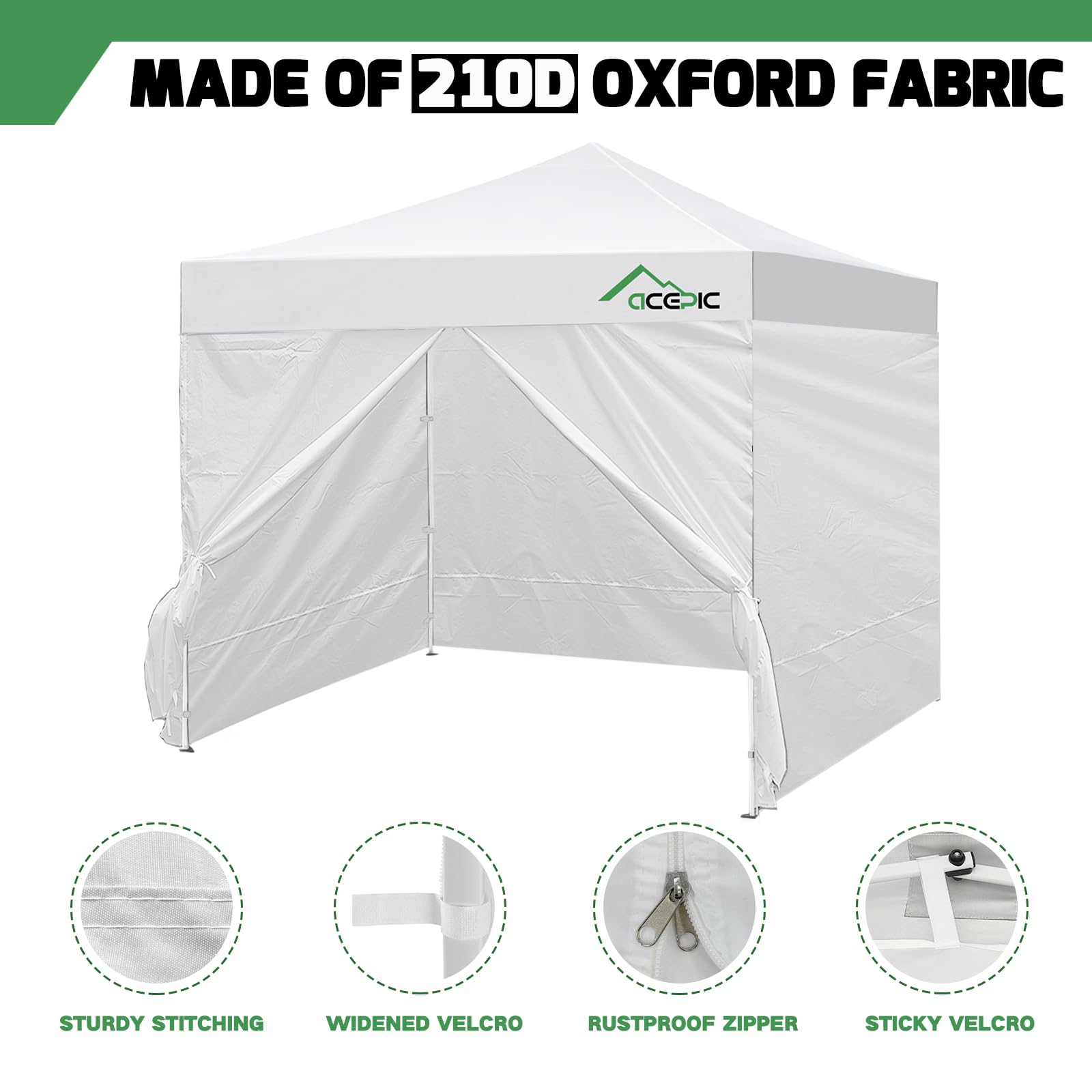Acepic Instant Canopy Tent Sidewalls for 10x10 Pop Up Canopy 210D Waterproof,4 Piece Sidewalls, with Doors,White(4PCS Sidewalls Only, Canopy Tent NOT Included)