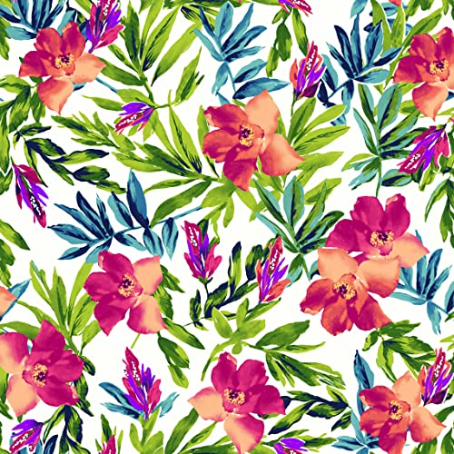 Texco Inc Scuba Crepe Knit Flora Tropical Pattern/2-Way Stretch Prints Fabric/DIY Projects, Off White Nectarine 1 Yard
