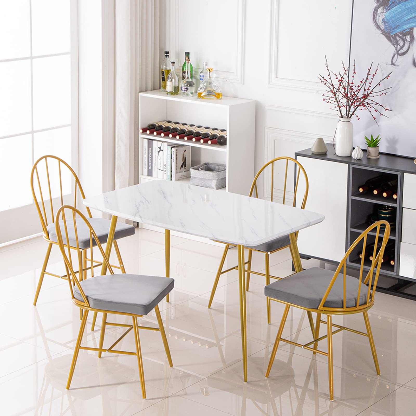 Karl home Modern Marble Dining Table, Kitchen & Dining Room Marble Stripe Tables with 4 Metal Legs, 220lbs Capacity, 48" L x 30" W x 30" H