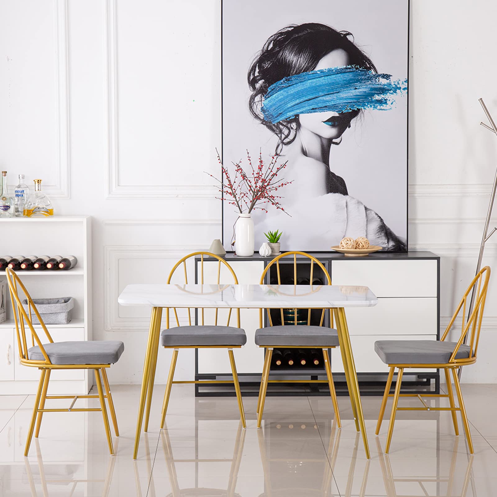 Karl home Modern Marble Dining Table, Kitchen & Dining Room Marble Stripe Tables with 4 Metal Legs, 220lbs Capacity, 48" L x 30" W x 30" H