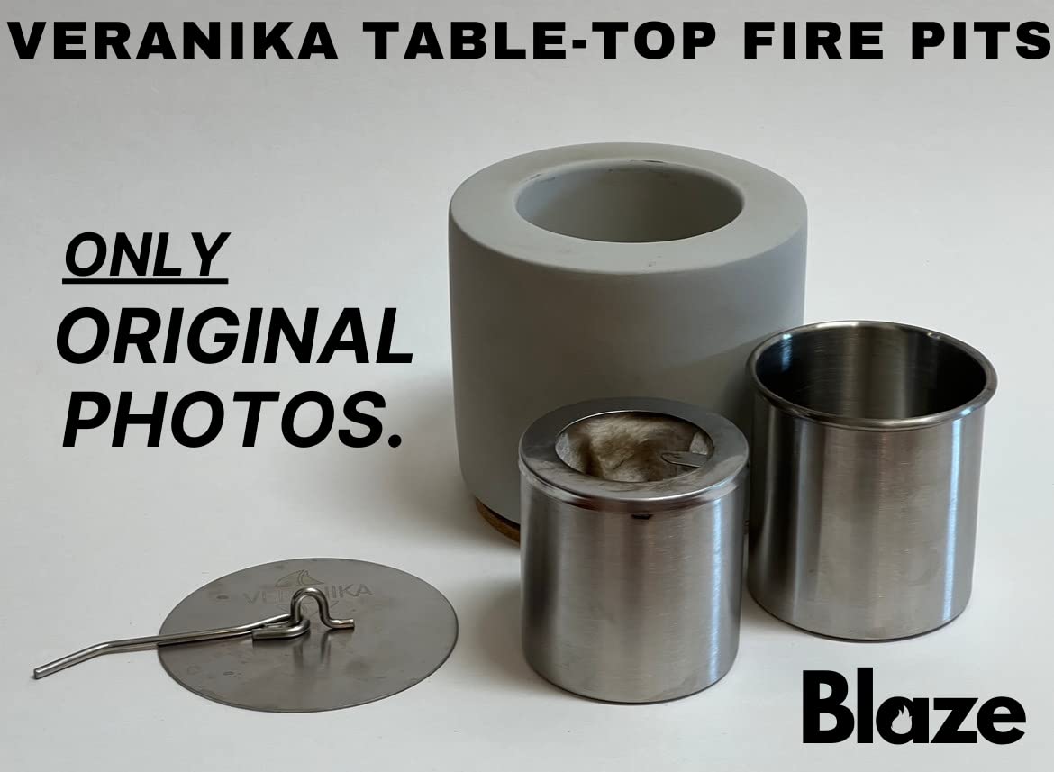 Blaze Tabletop Firepit Small Round Concrete Portable Fire Bowl Fireplace in Light Grey with Cork Mat, Cover Included - Perfect for Outdoor Patio, Indoor Patio, Garden & Lawn Décor, Patio & Room Décor.