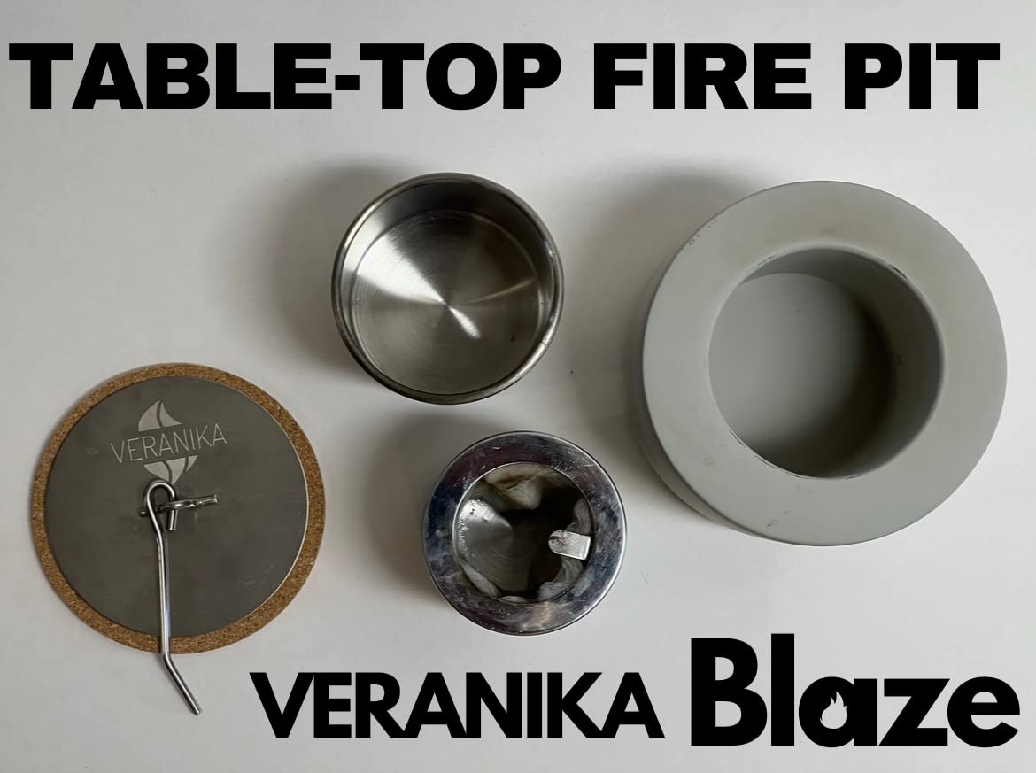 Blaze Tabletop Firepit Small Round Concrete Portable Fire Bowl Fireplace in Light Grey with Cork Mat, Cover Included - Perfect for Outdoor Patio, Indoor Patio, Garden & Lawn Décor, Patio & Room Décor.