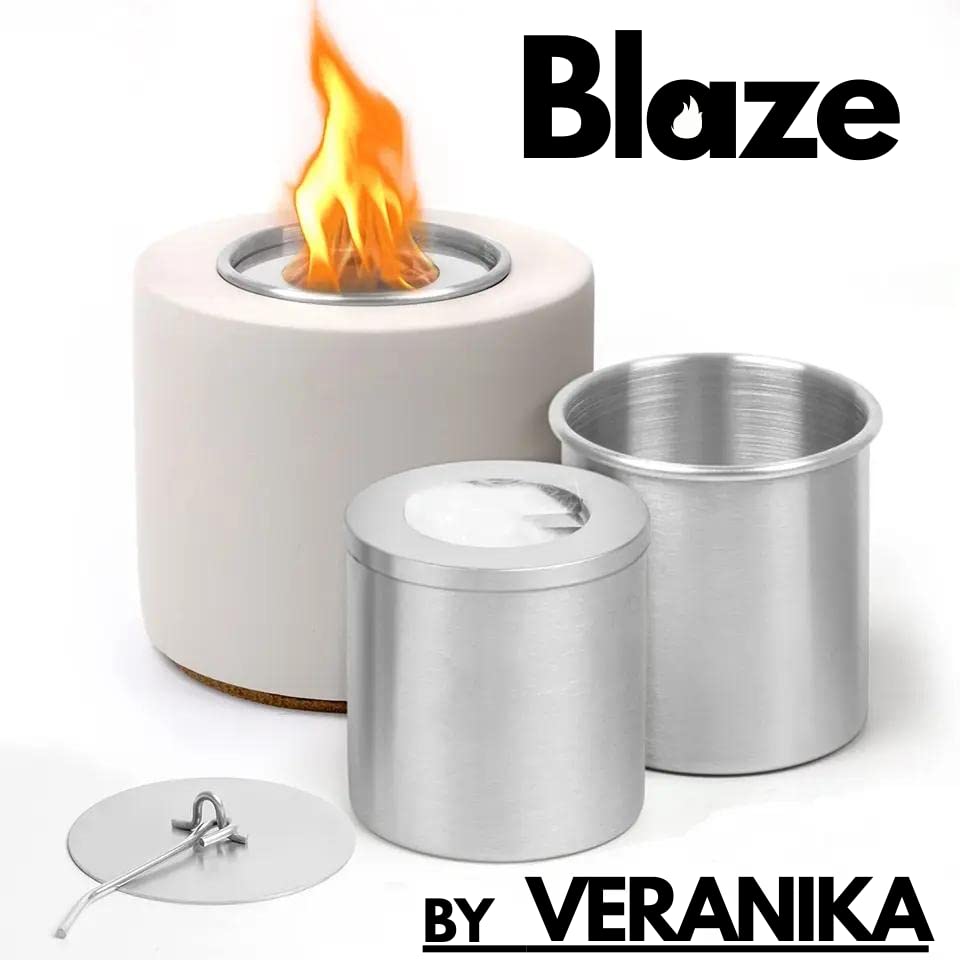 Blaze Tabletop Firepit Small Round Concrete Portable Fire Bowl Fireplace in Light Grey with Cork Mat, Cover Included - Perfect for Outdoor Patio, Indoor Patio, Garden & Lawn Décor, Patio & Room Décor.
