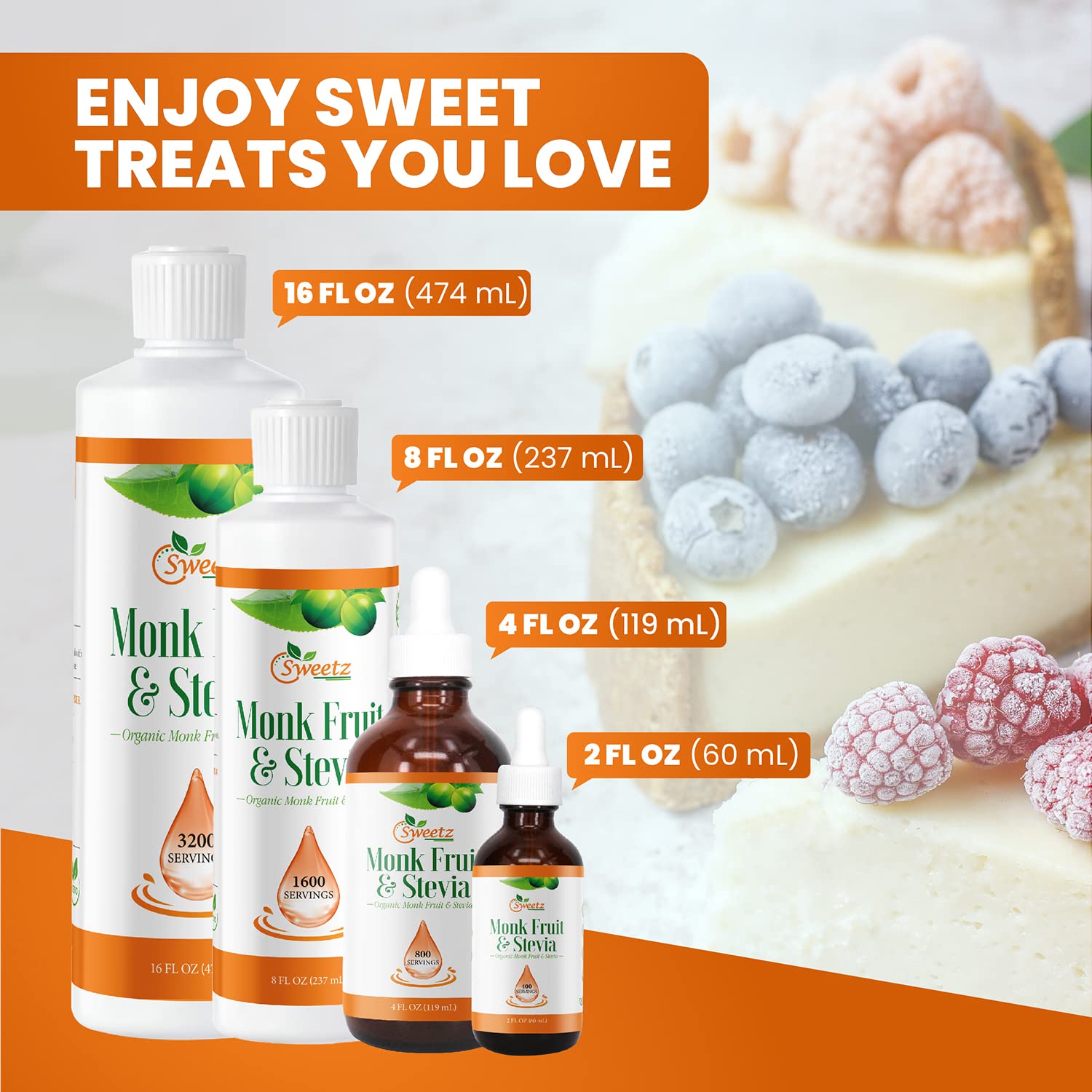 G-Sweetz Monk Fruit & Stevia Liquid Sweetener Drops - Natural Sweeteners & Sugar Alternatives - Delicious Blend with No Bitter Aftertaste - Concentrated Sweetener Liquid Drops Extract – 8 FL OZ (1600 Servings)