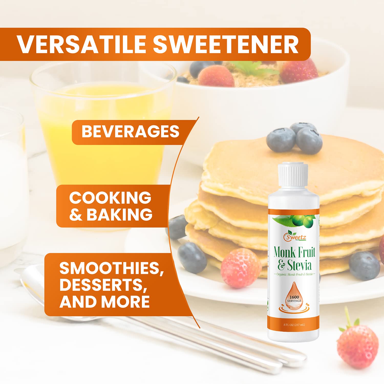 G-Sweetz Monk Fruit & Stevia Liquid Sweetener Drops - Natural Sweeteners & Sugar Alternatives - Delicious Blend with No Bitter Aftertaste - Concentrated Sweetener Liquid Drops Extract – 8 FL OZ (1600 Servings)