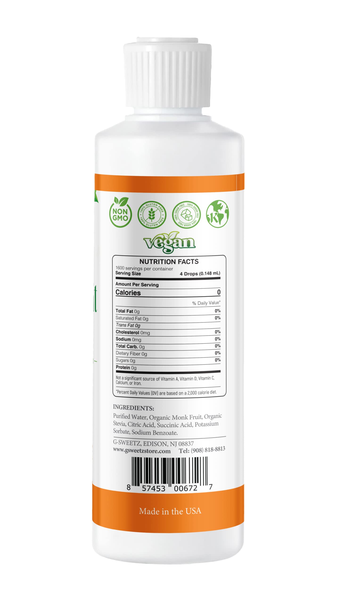 G-Sweetz Monk Fruit & Stevia Liquid Sweetener Drops - Natural Sweeteners & Sugar Alternatives - Delicious Blend with No Bitter Aftertaste - Concentrated Sweetener Liquid Drops Extract – 8 FL OZ (1600 Servings)