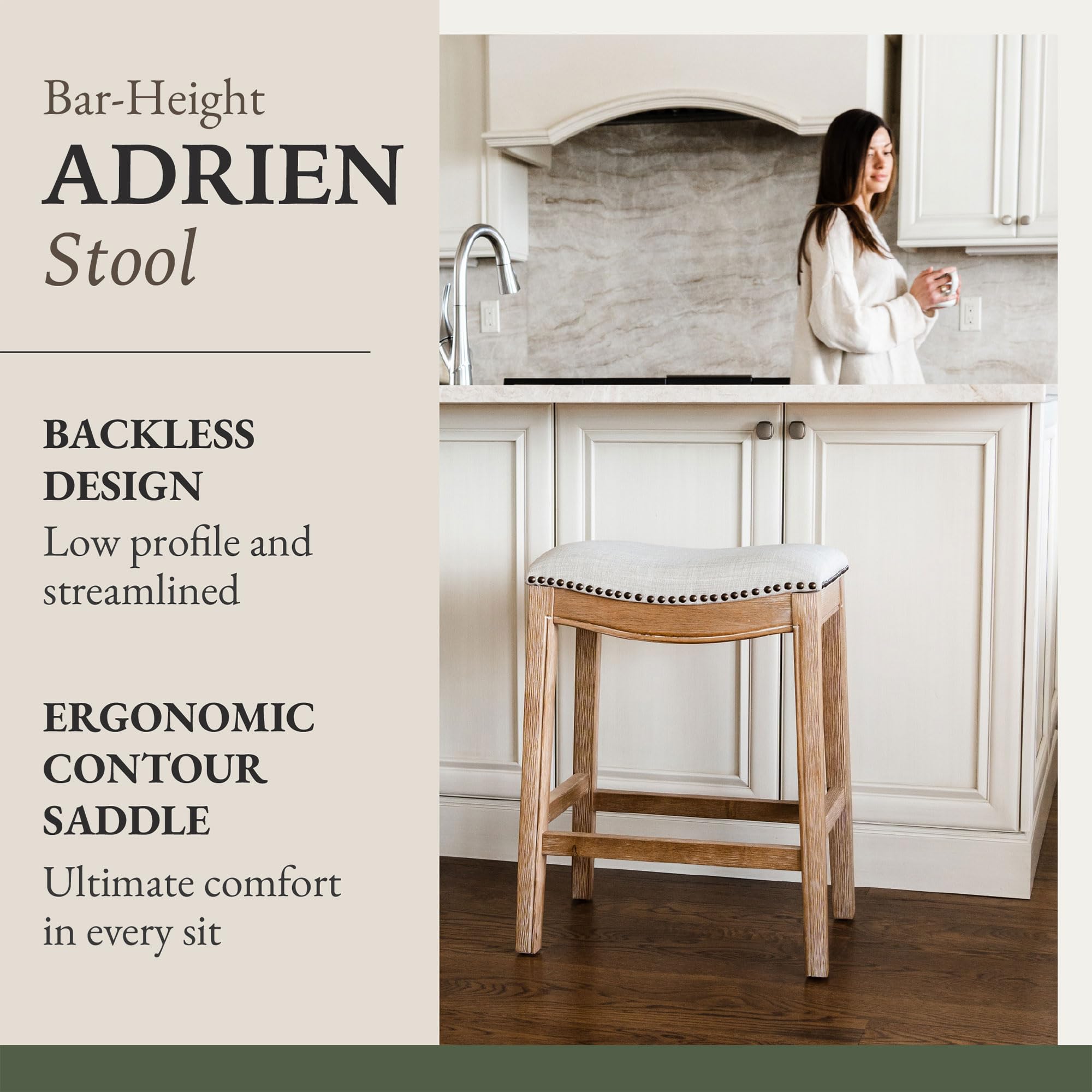 Maven Lane Adrien 31 Inch Bar Height Upholstered Backless Saddle Barstool in Weathered Oak Finish with Sand Color Fabric Cushion Seat, Set of 4