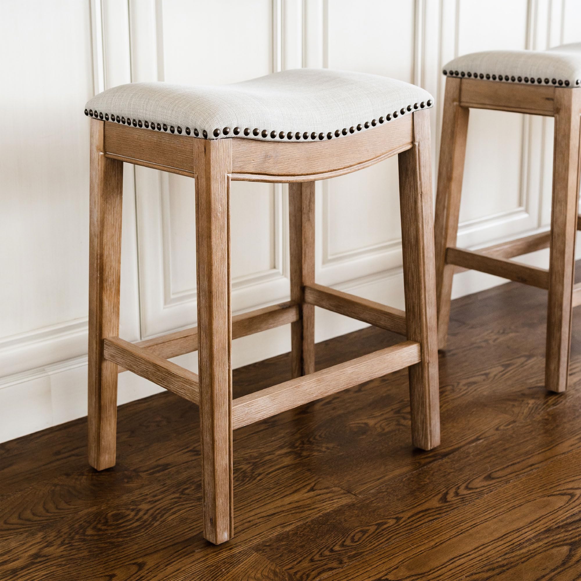 Maven Lane Adrien 31 Inch Bar Height Upholstered Backless Saddle Barstool in Weathered Oak Finish with Sand Color Fabric Cushion Seat, Set of 4