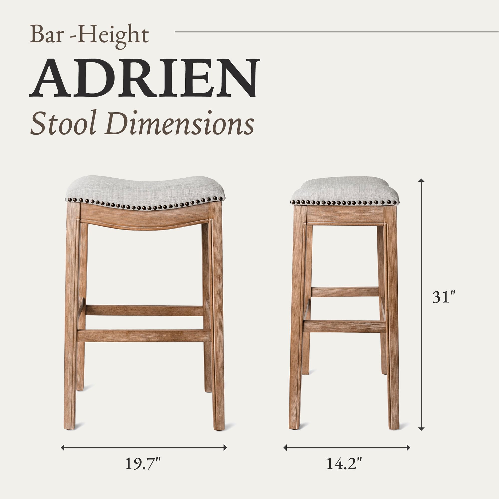 Maven Lane Adrien 31 Inch Bar Height Upholstered Backless Saddle Barstool in Weathered Oak Finish with Sand Color Fabric Cushion Seat, Set of 4