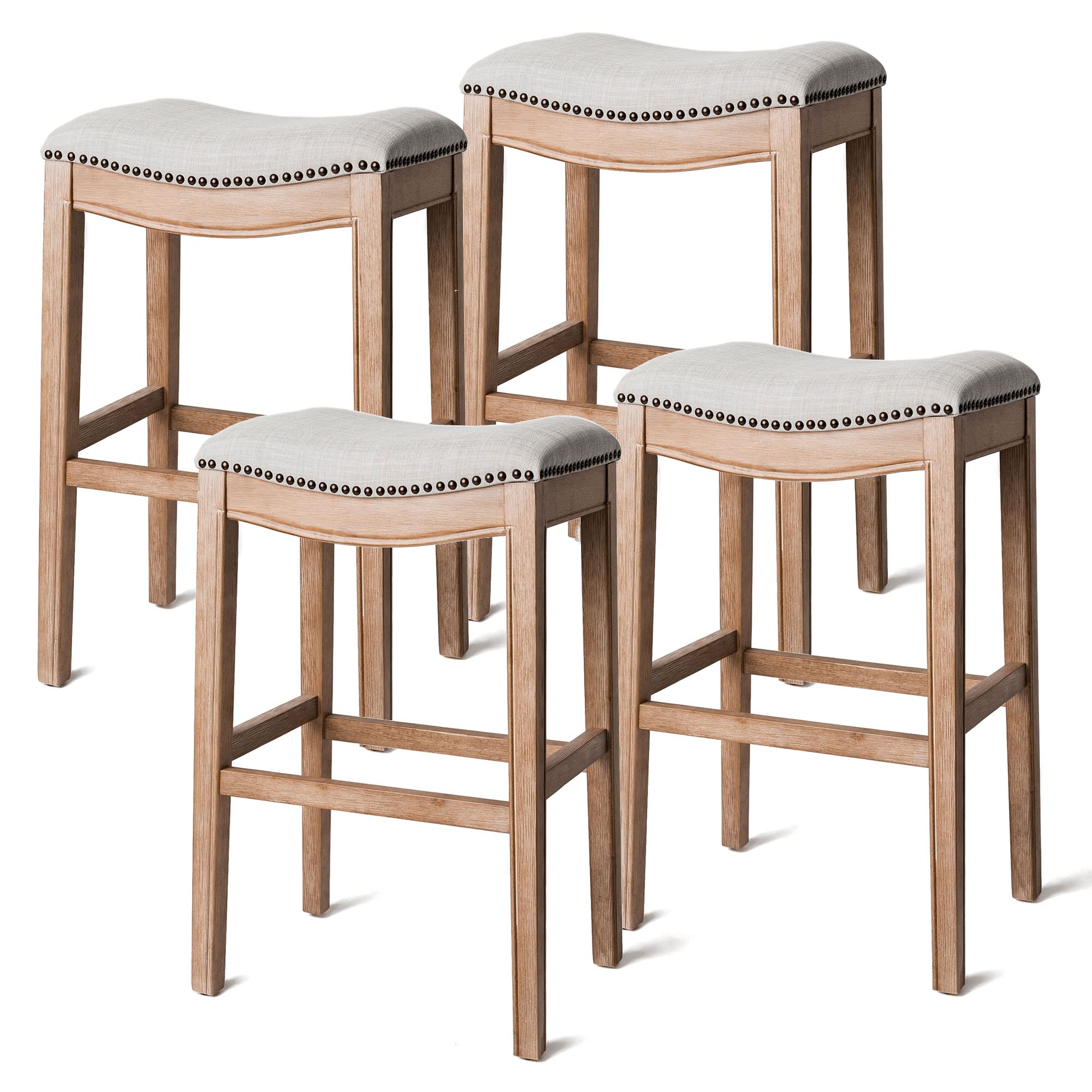 Maven Lane Adrien 31 Inch Bar Height Upholstered Backless Saddle Barstool in Weathered Oak Finish with Sand Color Fabric Cushion Seat, Set of 4