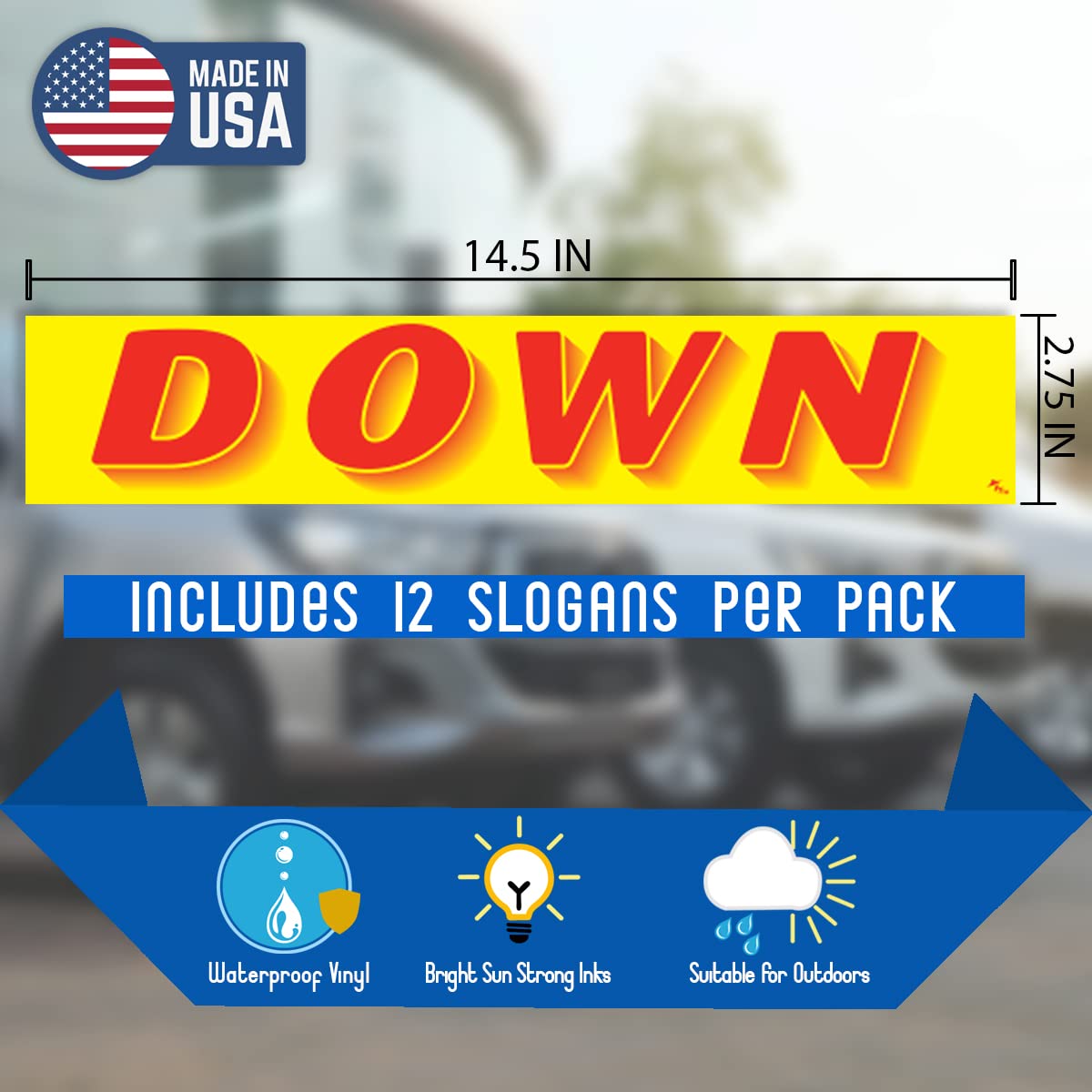 Versa Tags Windshield Slogan Stickers 12 Pack Each of Loaded, Down, Cash, Buy HERE Pay HERE, 4X4 (60) Window Stickers Total Dealership Stickers Red On Yellow