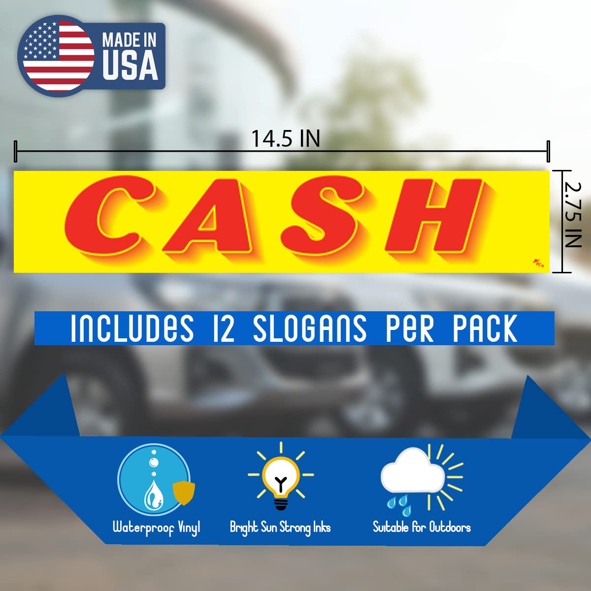 Versa Tags Windshield Slogan Stickers 12 Pack Each of Loaded, Down, Cash, Buy HERE Pay HERE, 4X4 (60) Window Stickers Total Dealership Stickers Red On Yellow