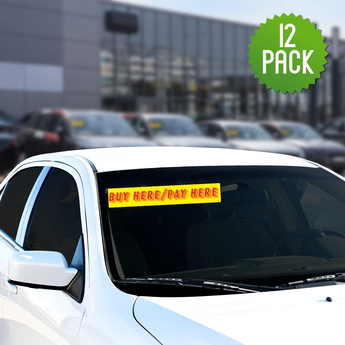 Versa Tags Windshield Slogan Stickers 12 Pack Each of Loaded, Down, Cash, Buy HERE Pay HERE, 4X4 (60) Window Stickers Total Dealership Stickers Red On Yellow