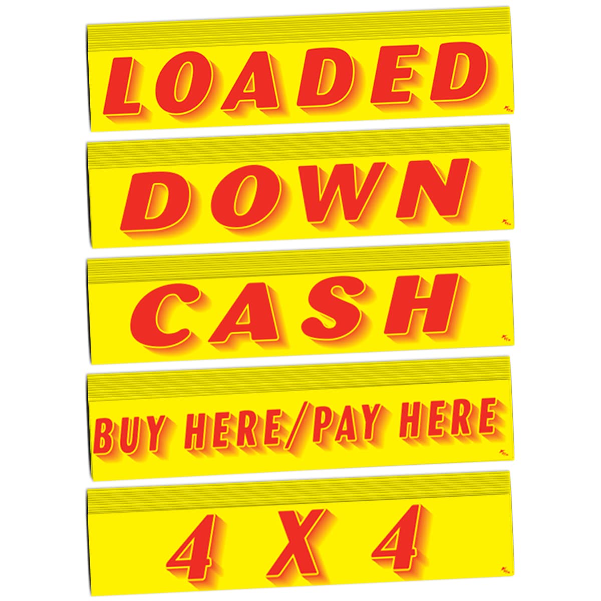 Versa Tags Windshield Slogan Stickers 12 Pack Each of Loaded, Down, Cash, Buy HERE Pay HERE, 4X4 (60) Window Stickers Total Dealership Stickers Red On Yellow