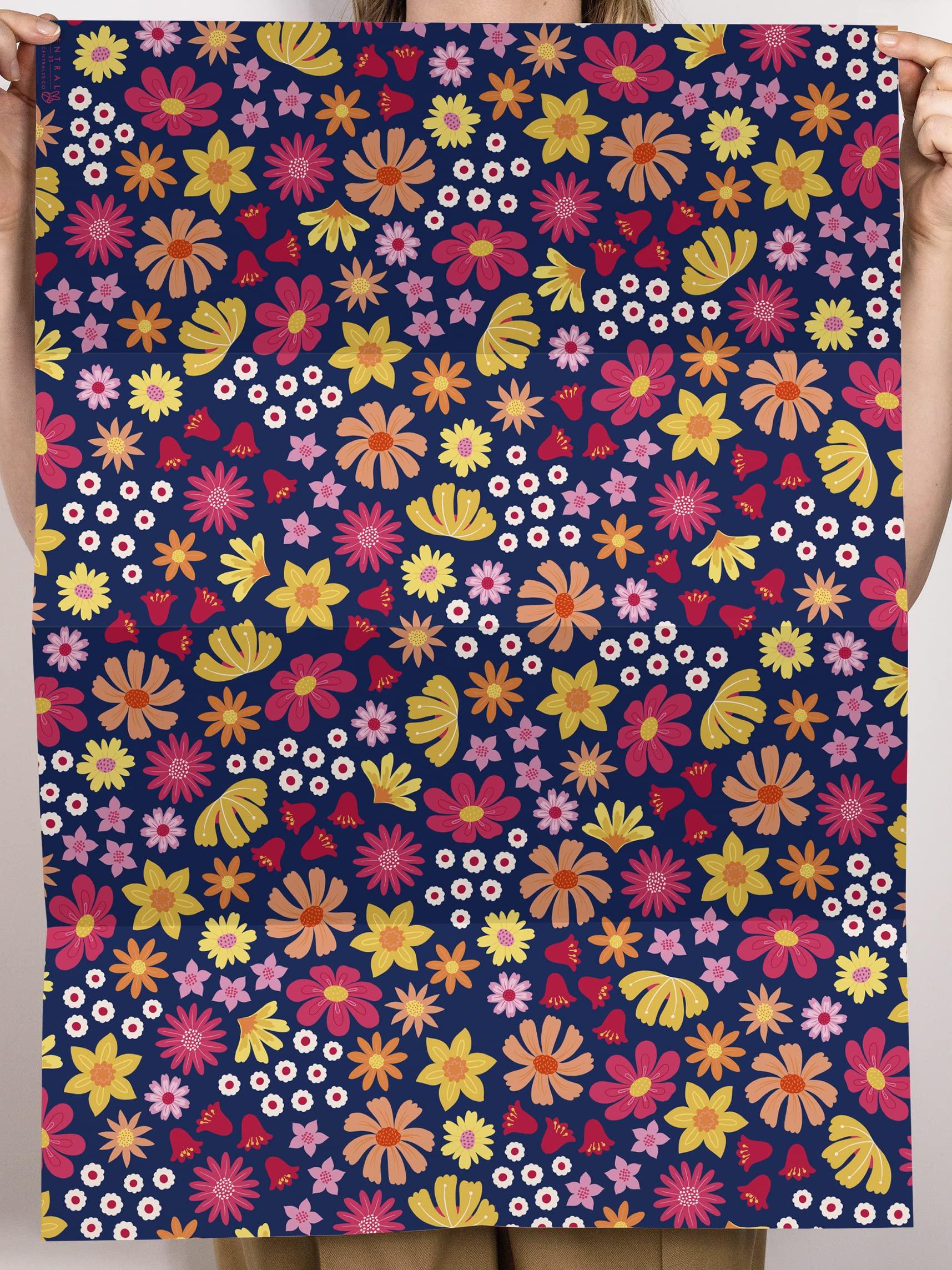 CENTRAL 23 Floral Wrapping Paper - Boho Wrapping Paper - 6 Sheets Blue Gift Wrap - Midnight Flowers - Hippie - Birthday Wrapping Paper For Women - Comes With Cute Stickers