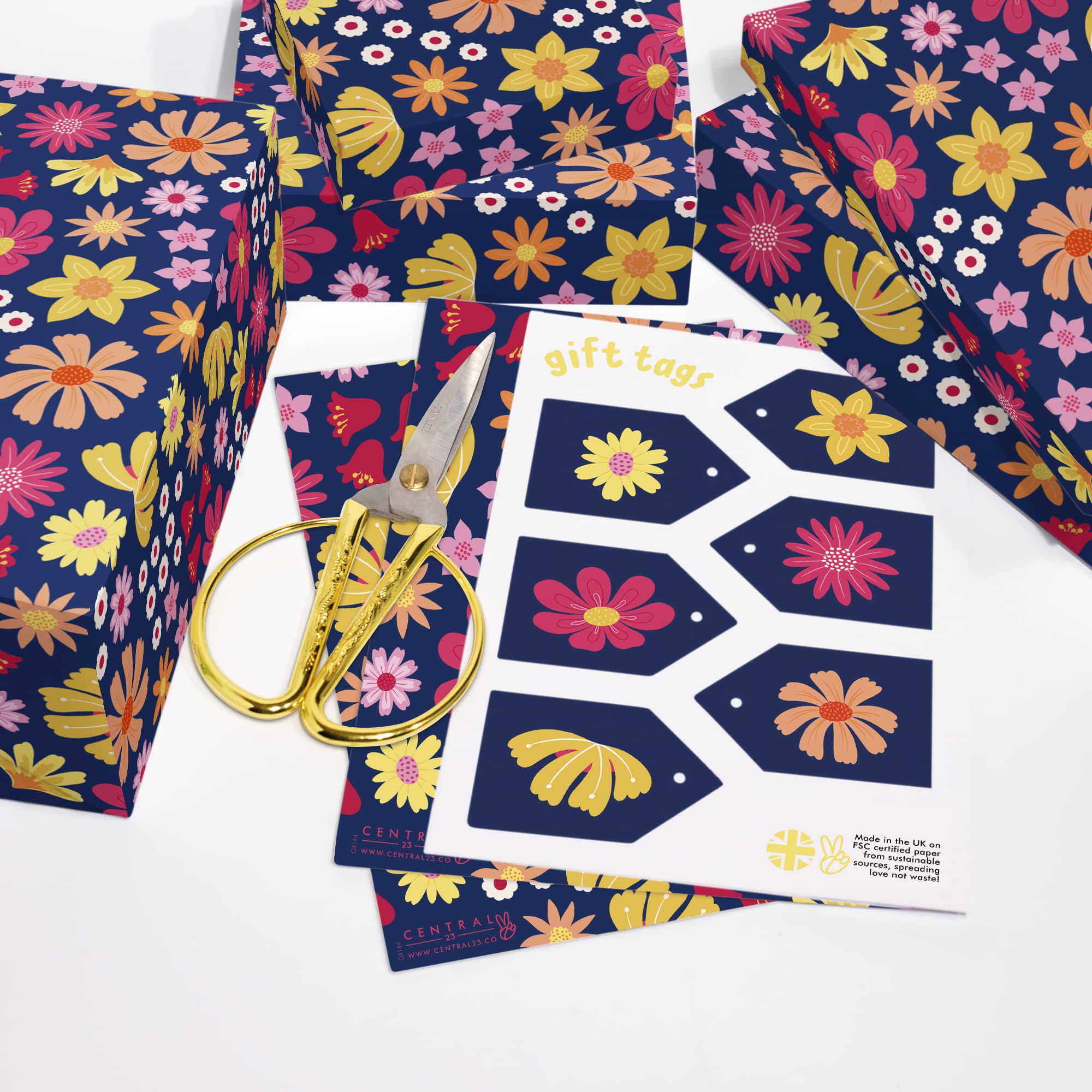 CENTRAL 23 Floral Wrapping Paper - Boho Wrapping Paper - 6 Sheets Blue Gift Wrap - Midnight Flowers - Hippie - Birthday Wrapping Paper For Women - Comes With Cute Stickers