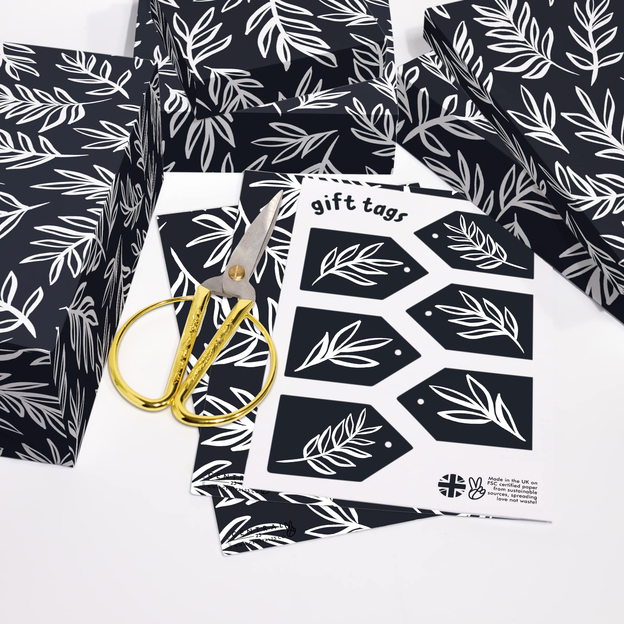 CENTRAL 23 Black Wrapping Paper - 6 Sheets Gift Wrap - Botanical Leaves - All Occasion Wrapping Paper - Eco - Comes With Fun Stickers