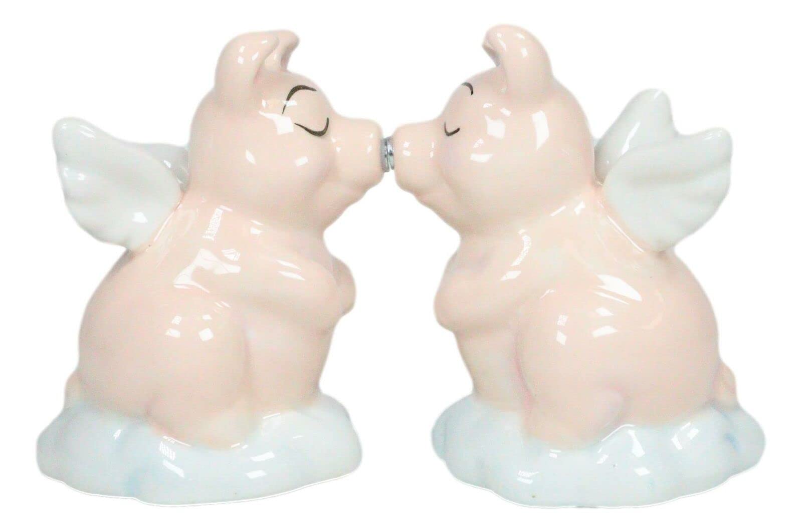 Set Of 1 Ceramic When Pigs Fly Angel Pig Couple On Clouds Kissing Salt And Pepper Shakers