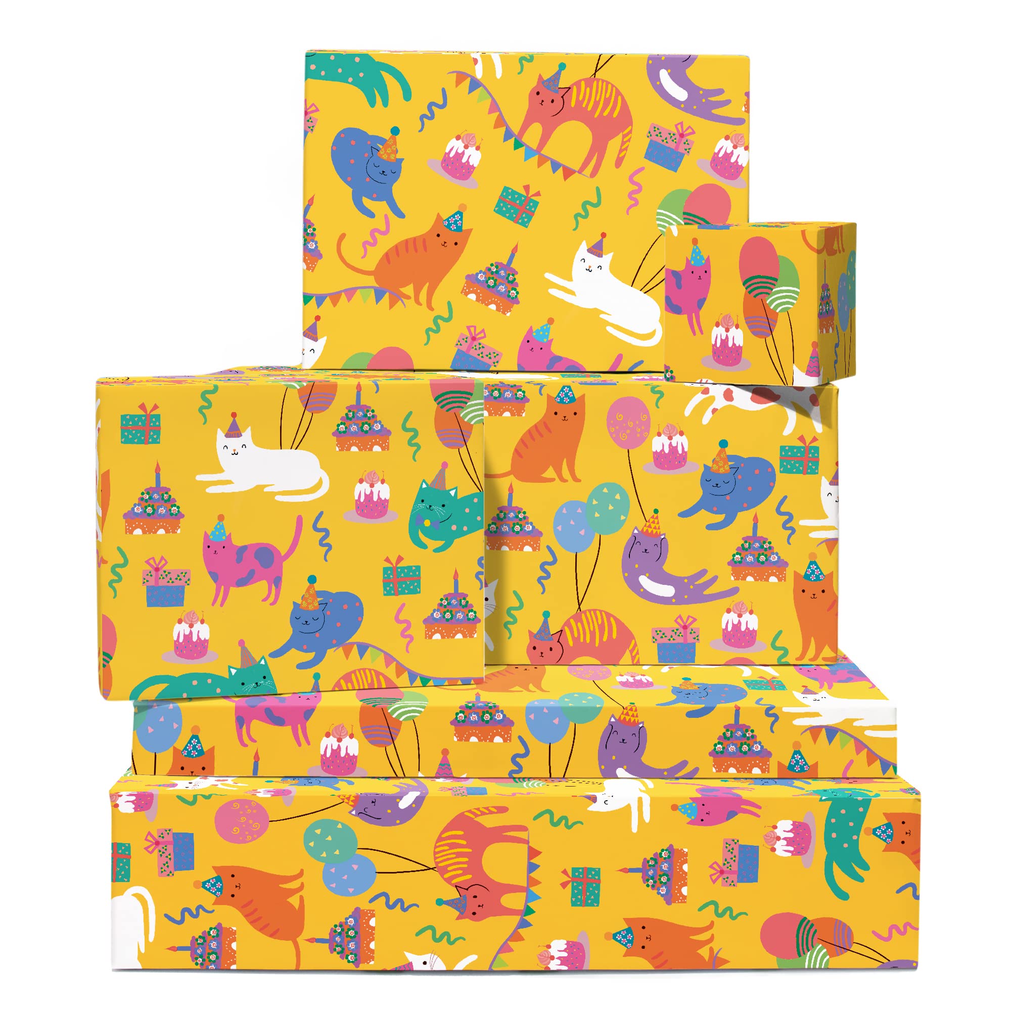 CENTRAL 23 Cat Birthday Wrapping Paper - 6 Sheets Yellow Gift Wrap - Cat Themed Gifts For Girls - Cat Wrapping Paper For Men And Women - Comes With Cute Stickers