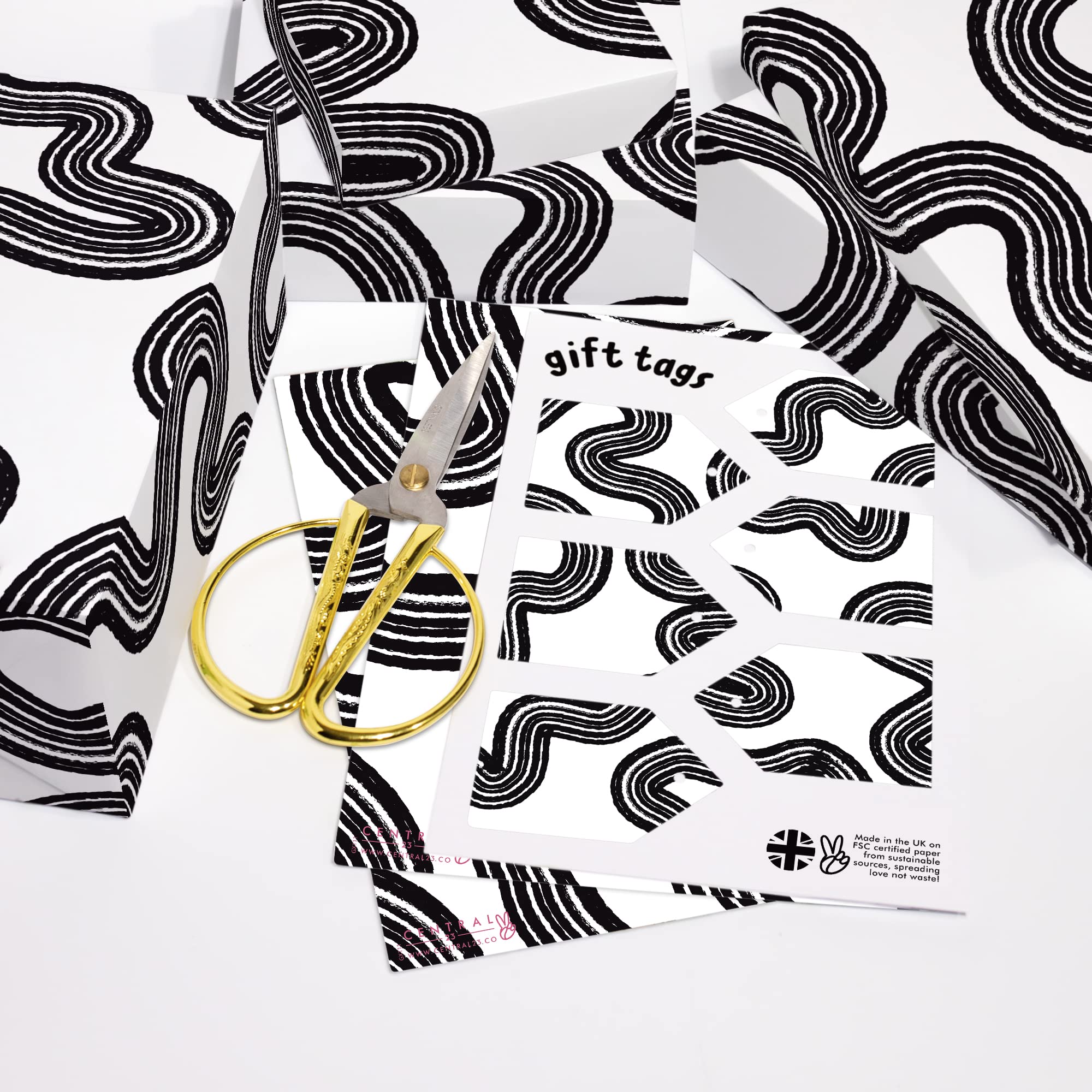 CENTRAL 23 Black And White Wrapping Paper - 6 Sheets Gift Wrap - Abstract Paint Brush - Minimal - Birthday Gift Wrap For Men Women - Comes With Fun Stickers