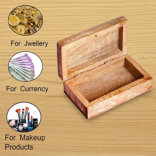 SUNDERSHALA Wooden Jewellery Box Hand Carvings Designs Keepsake Storage Premium Wooden Trinket Box (5 x 3 x 1.75 inches, Brown (Plain))