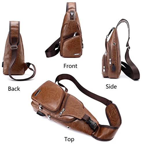 ESLETO Men's Sling Bag Chest Shoulder Backpack Waterproof Crossbody Bag with USB Charging Port for Travel Hiking (Brown)