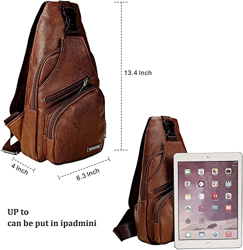 ESLETO Men's Sling Bag Chest Shoulder Backpack Waterproof Crossbody Bag with USB Charging Port for Travel Hiking (Brown)