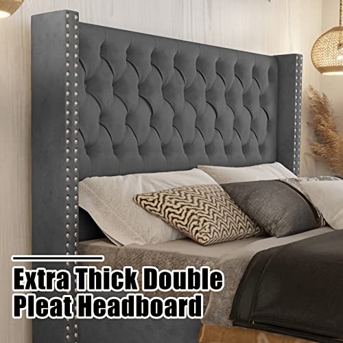 PaPaJet King Bed Frame Velvet Upholstered Bed with Deep Button Tufted/No Box Spring Needed/Easy Assembly/Dark Grey