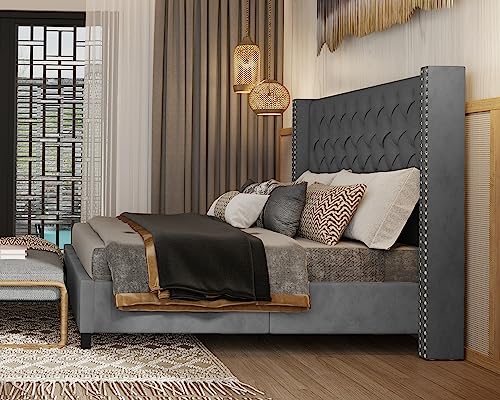 PaPaJet King Bed Frame Velvet Upholstered Bed with Deep Button Tufted/No Box Spring Needed/Easy Assembly/Dark Grey