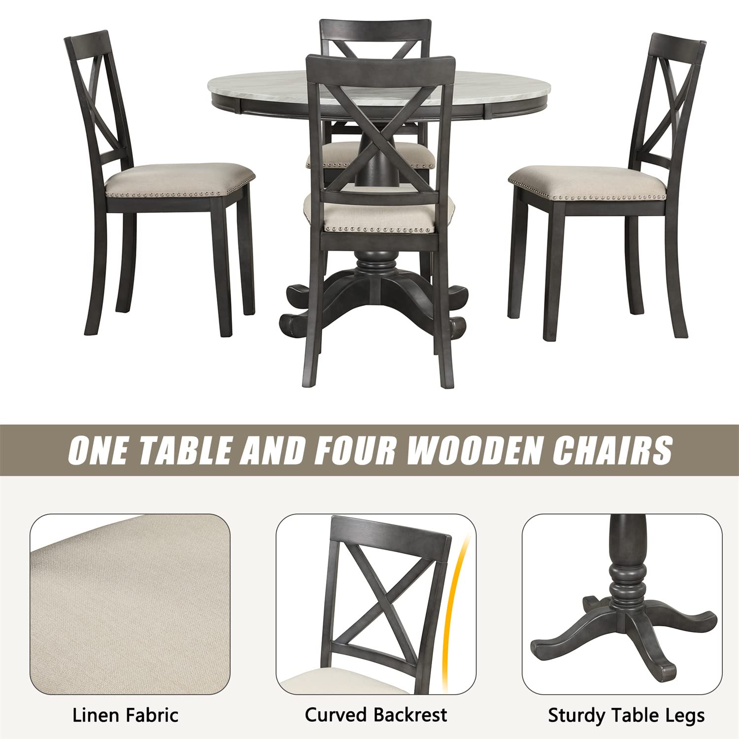 5 Pieces Dining Table Set for 4 Persons, Wooden Dining Table Set with One Faux Marble Dining Table and 4 Upholstered-Seat Chairs Modern Counter Height Dining Table Set for Kitchen Living Room, Gray