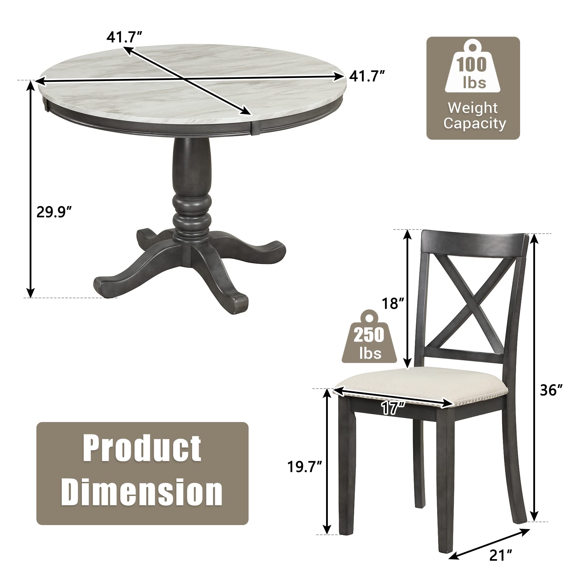 5 Pieces Dining Table Set for 4 Persons, Wooden Dining Table Set with One Faux Marble Dining Table and 4 Upholstered-Seat Chairs Modern Counter Height Dining Table Set for Kitchen Living Room, Gray