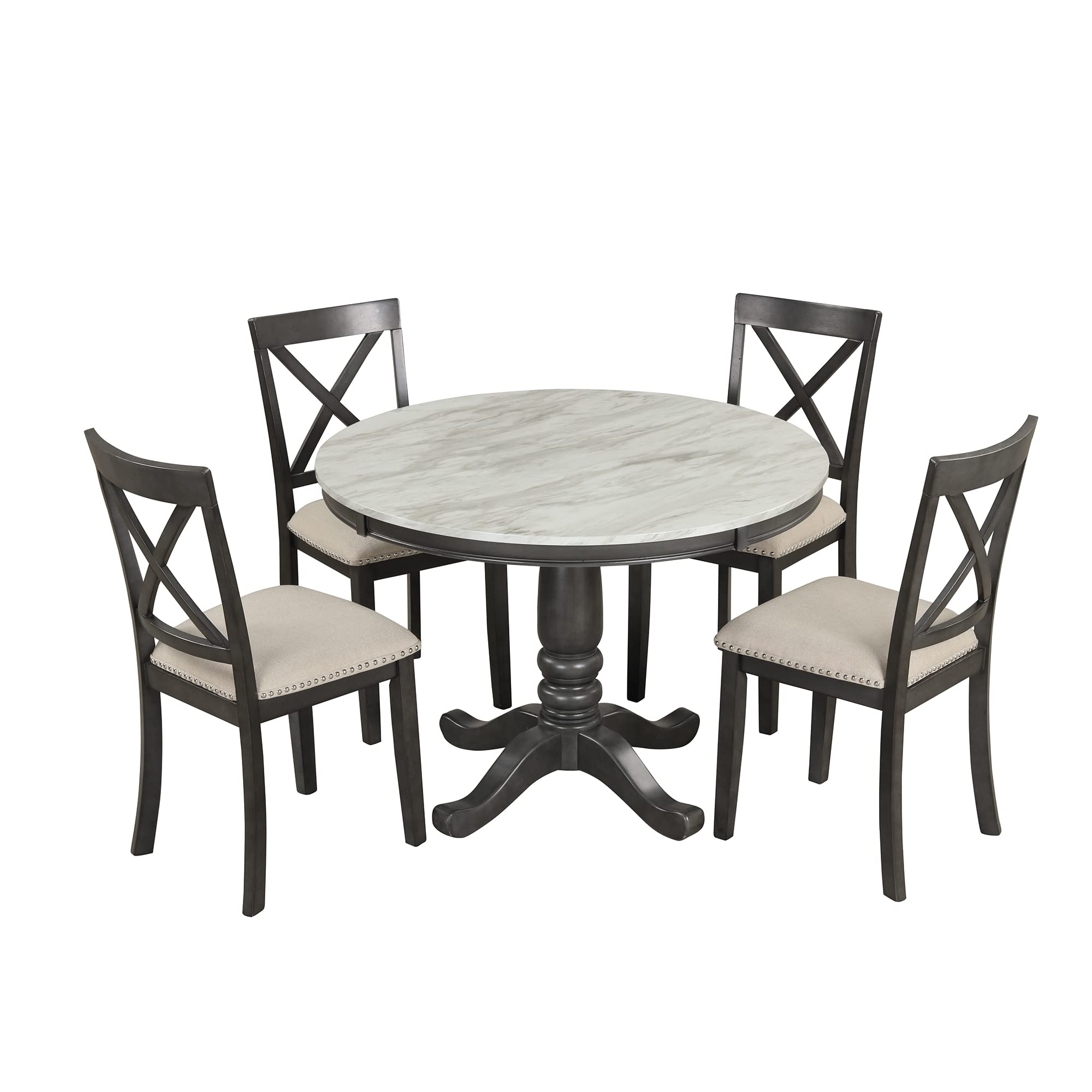5 Pieces Dining Table Set for 4 Persons, Wooden Dining Table Set with One Faux Marble Dining Table and 4 Upholstered-Seat Chairs Modern Counter Height Dining Table Set for Kitchen Living Room, Gray